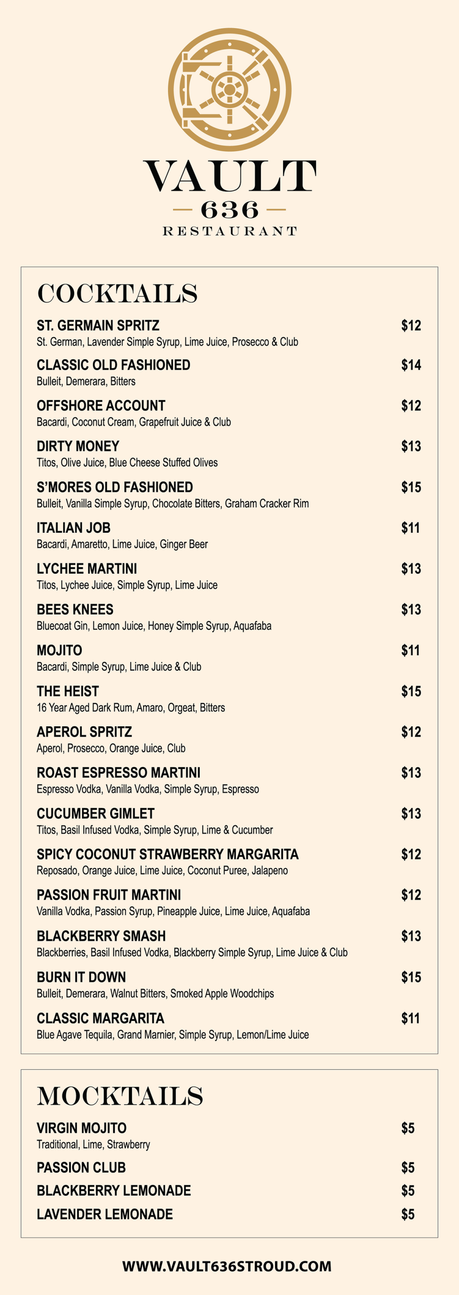 Drink Menu - Vault636 | East Stroudsburg PA